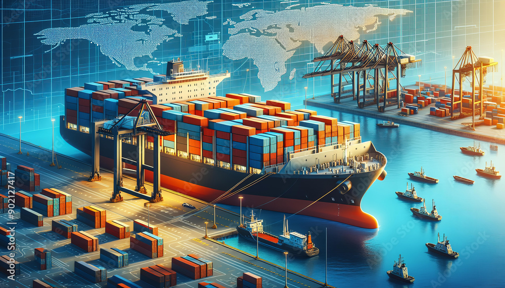 This image captures the vibrant energy of a modern port, where a ...