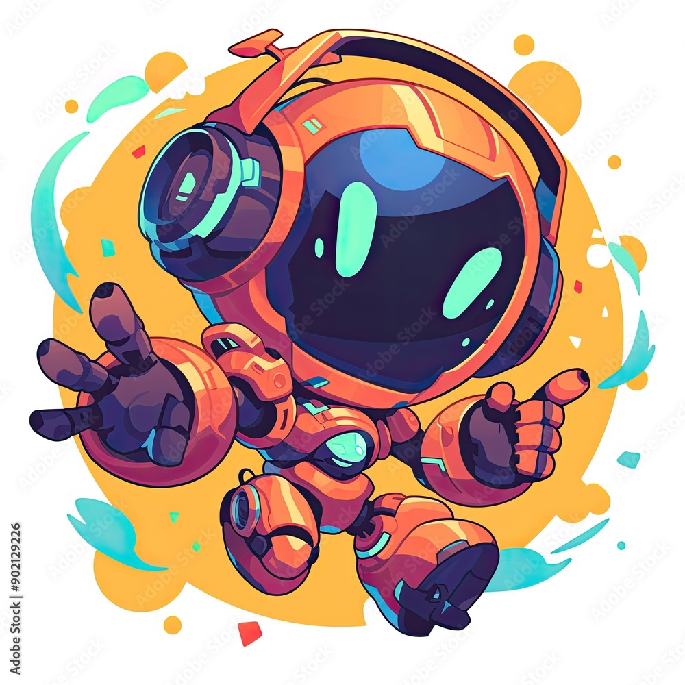 Adorable chibi robot in a dynamic pose with vibrant colors and playful ...