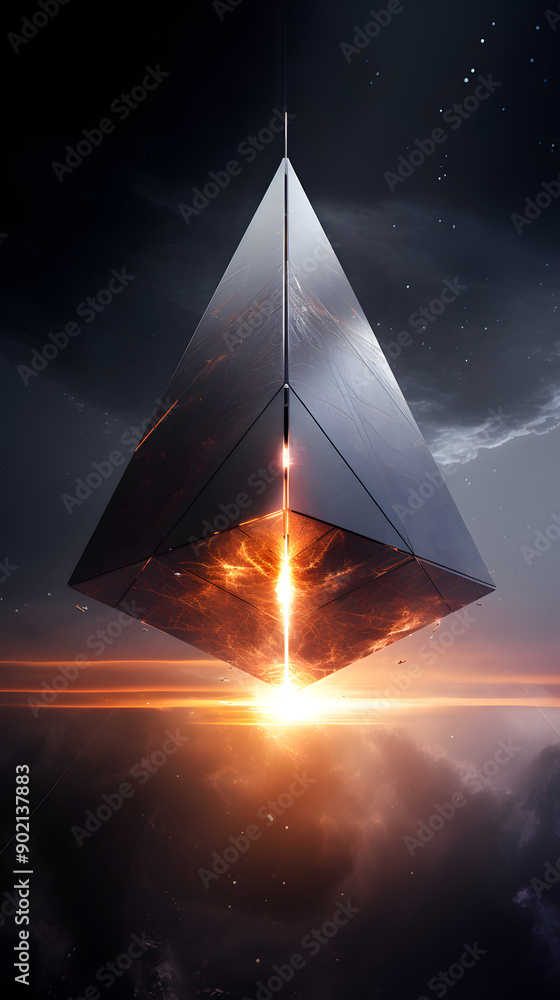 A large, metallic pyramid-shaped structure hovers over a cloudy, sunset ...
