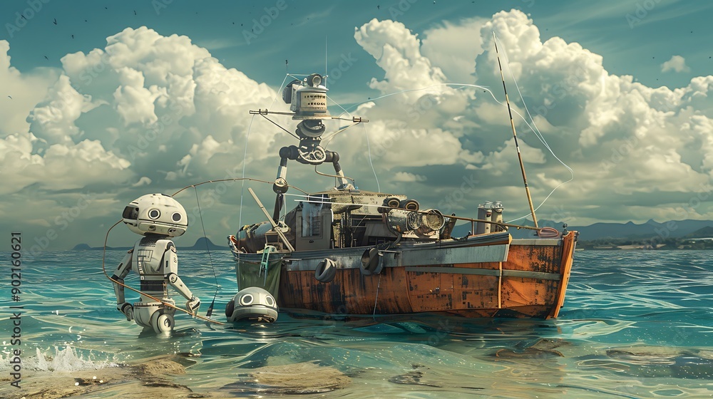 A futuristic scene of a robot fishing in the sea using a traditional ...