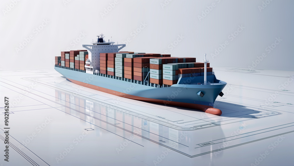 3D model of a container ship with engineering blueprints. For logistics ...