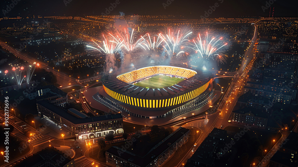 An aerial view of the modern football stadium with fireworks lighting ...