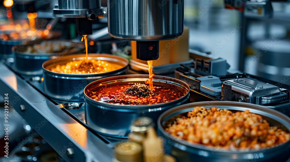 Cans of food being filled with ingredients by automated dispensers ...