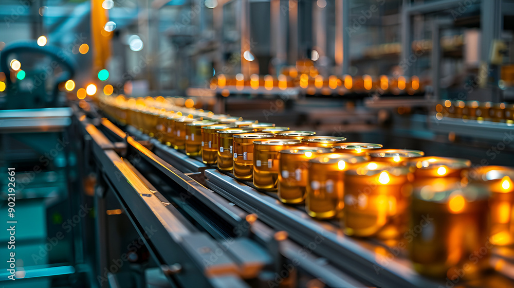 Brightly lit production line with automated sorting and packaging of ...