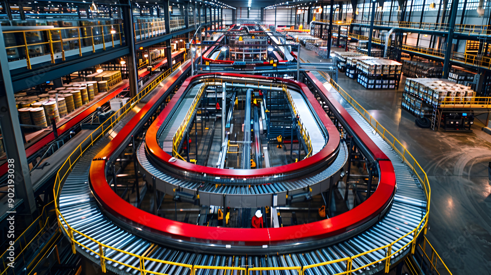 Aerial view of an industrial production line with multiple conveyor ...