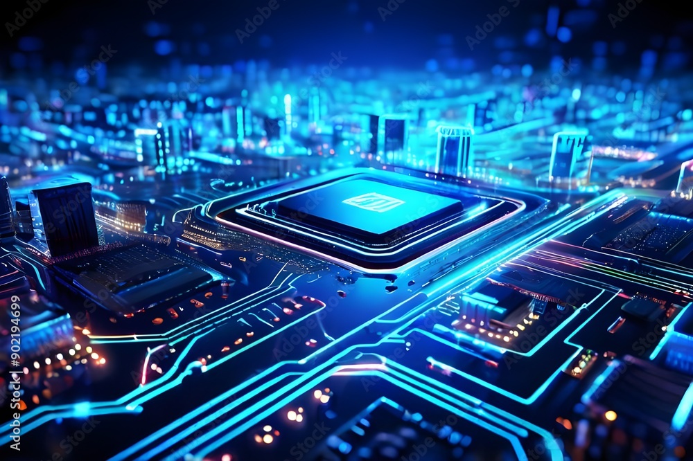 Neon Theme Visualization of Circuit Board CPU Processor Starting Digitalization Process and ...