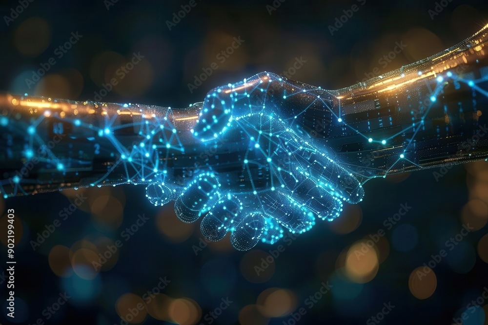 API integration portrayed as a digital handshake between systems ...