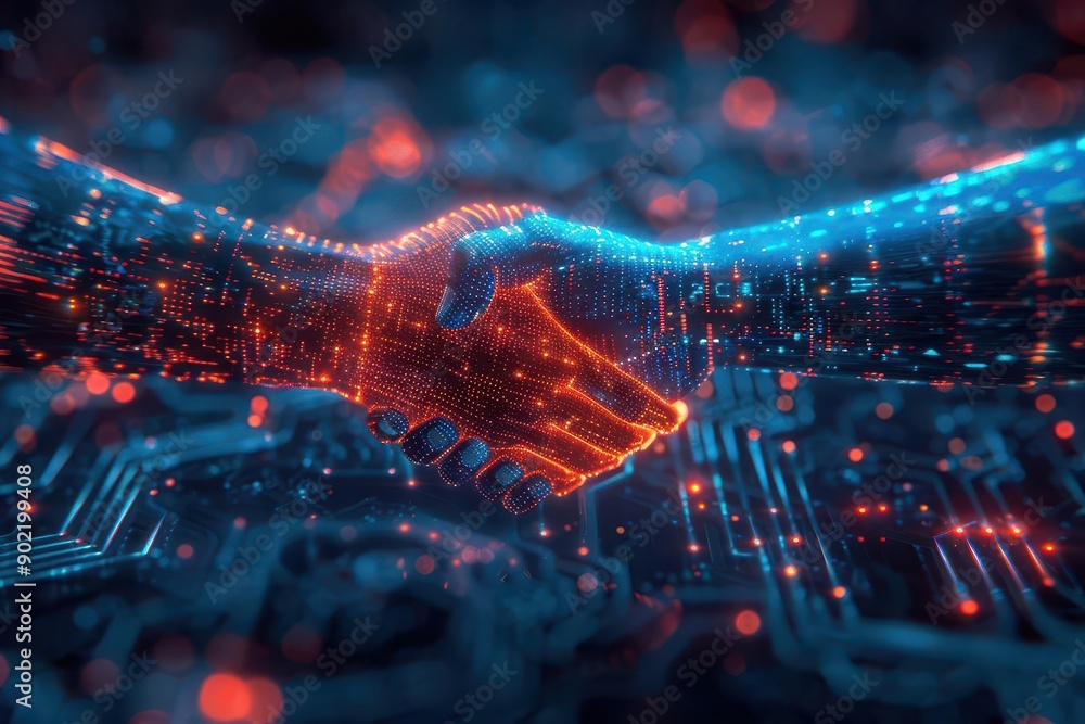 API integration portrayed as a digital handshake between systems ...