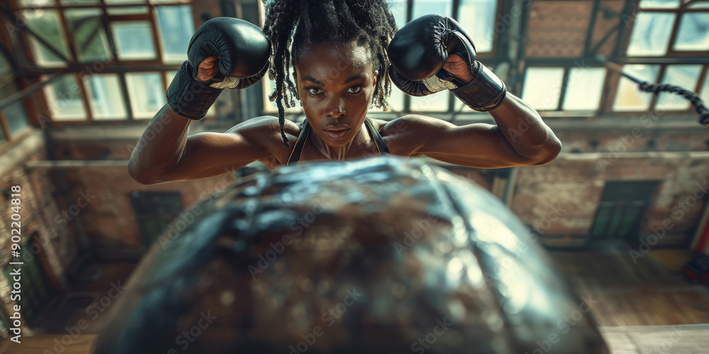 young woman with dreadlocks, wearing boxing gloves, punches a heavy bag ...
