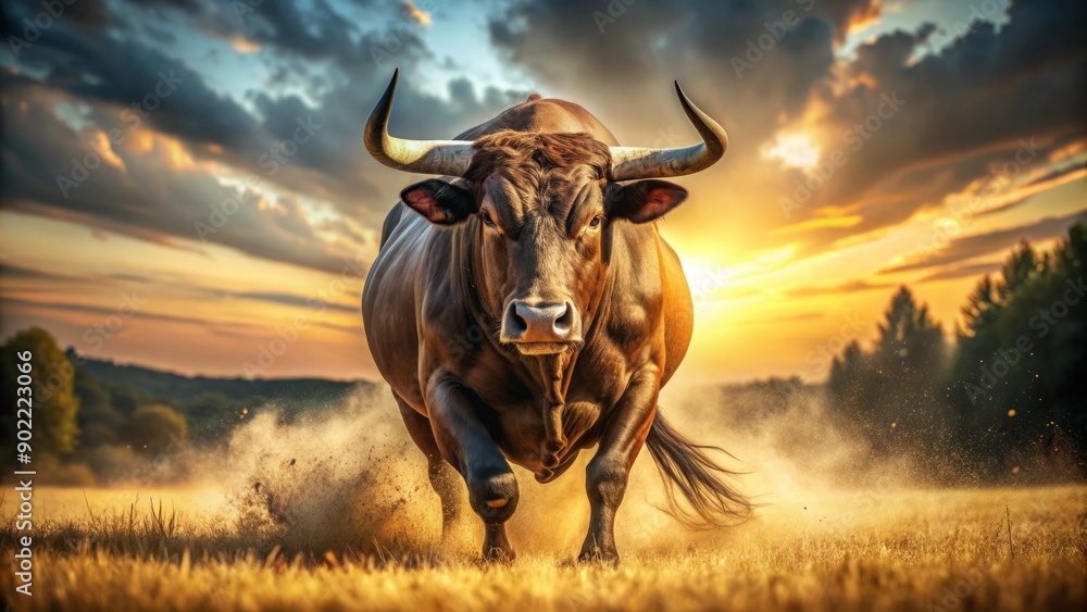 Powerful angry bull charges aggressively towards the camera, fierce ...