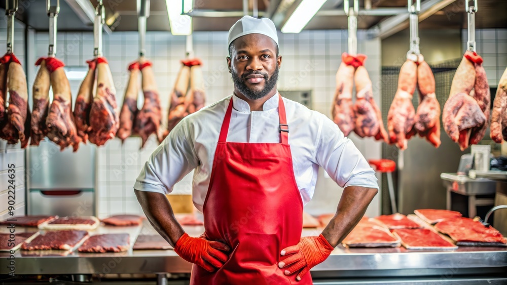 Clean-cut African American male butcher in uniform red apron stands ...