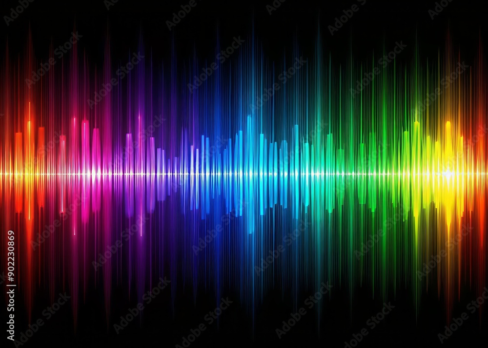 Vibrant multicolored sound wave bars pulsing with energy against a dark ...