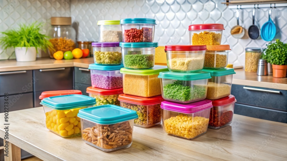 Colorful rubber containers with secure lids neatly store leftover food ...