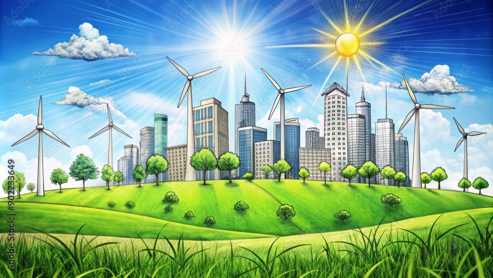 Vibrant hand-drawn doodles of renewable energy symbols, urban skylines, and sunshine adorn a ...