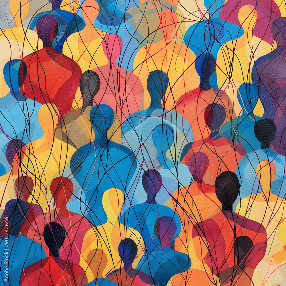 Simple human figures connected by lines, forming a large community ...