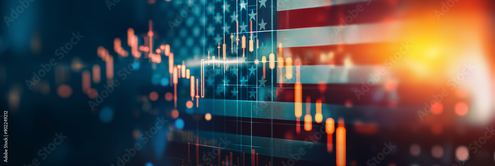 American flag overlaying digital stock market trading chart data Stock ...