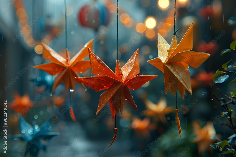 Rain-soaked origami paper cranes, a poignant display of delicate art ...