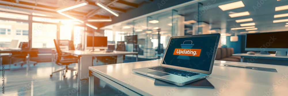 Laptop updating software on desk in empty modern open plan office Stock ...