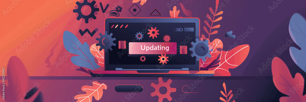Laptop updating software with progress bar and gears working Stock ...