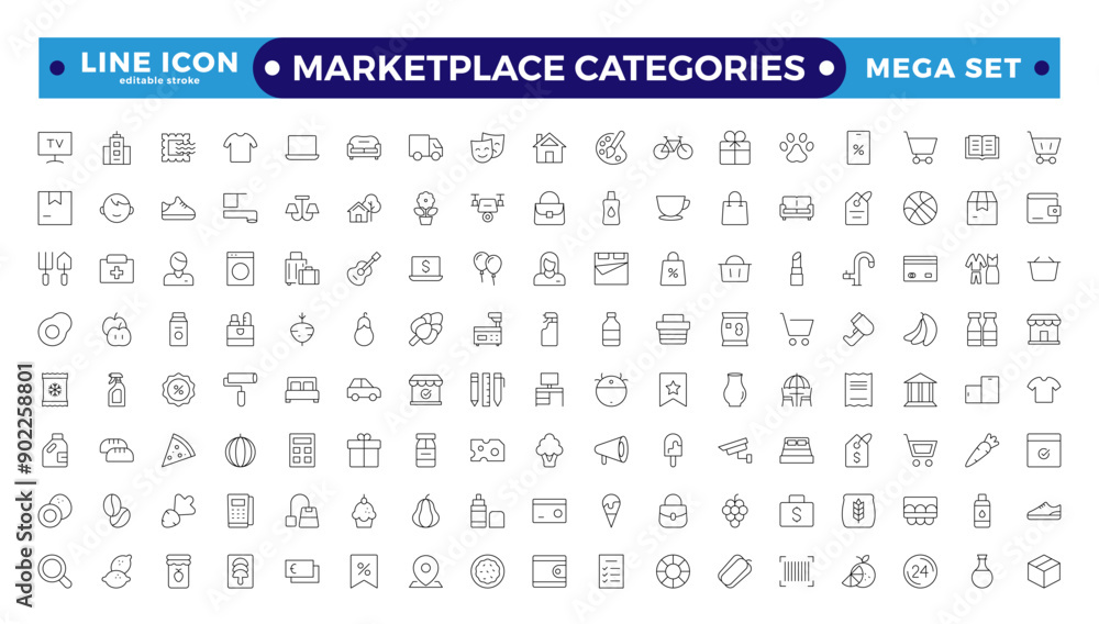 Marketplace Categories outline Icons set. Vector illustration in modern ...