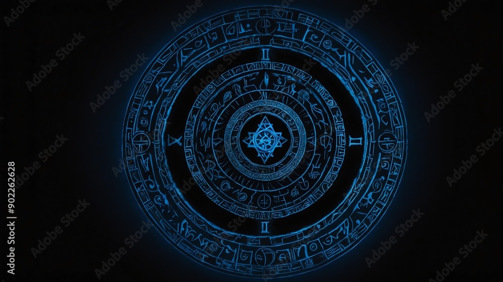 top view of an ancient runic magic circle with blue li background Stock ...