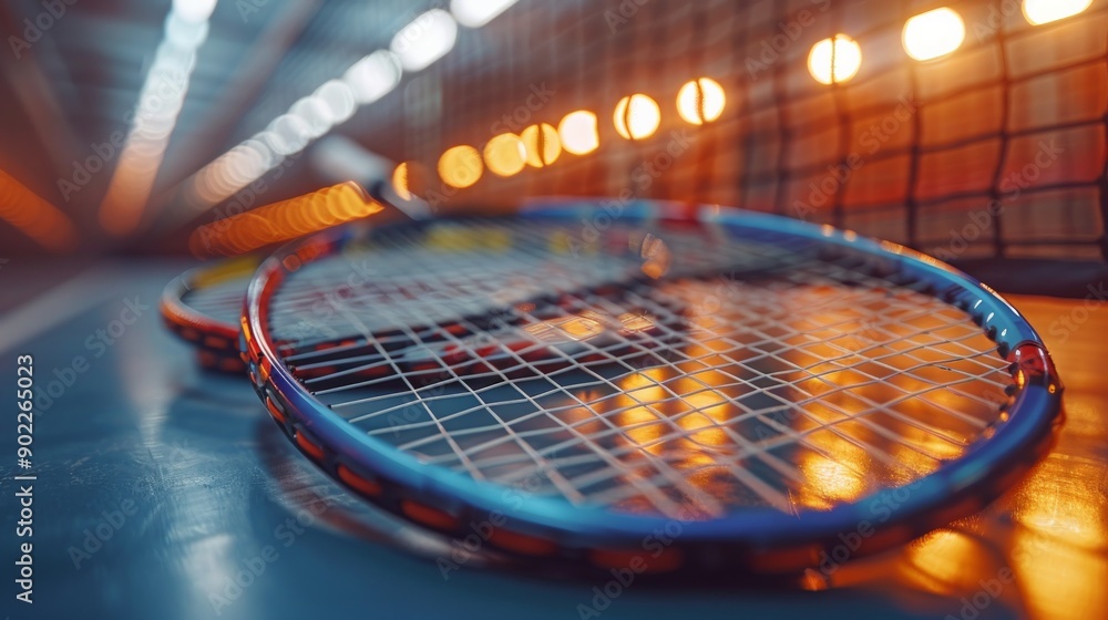 Badminton Rackets in Focus: Illustrate a background with a close-up of ...