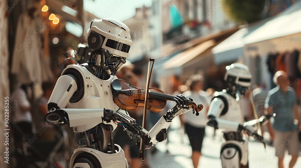Robots engaging in street art activities such as playing traditional ...