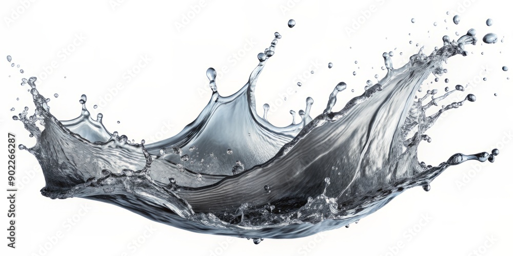 Detailed closeup of a gray water splash isolated on a crisp white ...