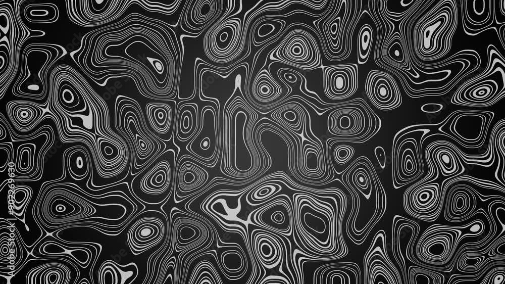 Simple animated outline topographic contour map. Moving waves on black ...