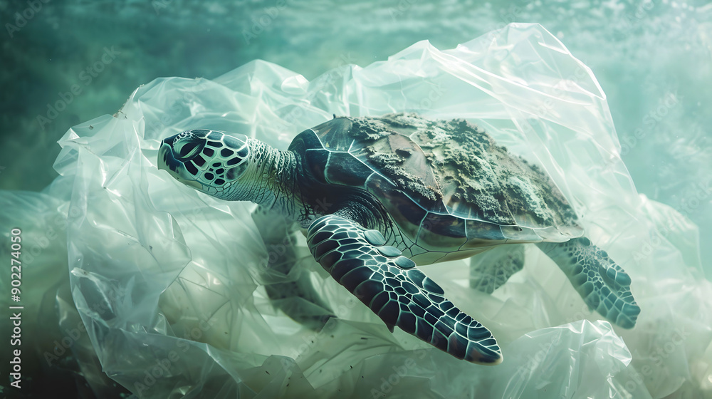 Endangered Sea Turtle Trapped and Tangled in Plastic Bag Ocean ...