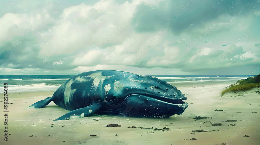 Massive Whale Stranded on Desolate Coastal Beach with Gloomy Cloudy Sky ...