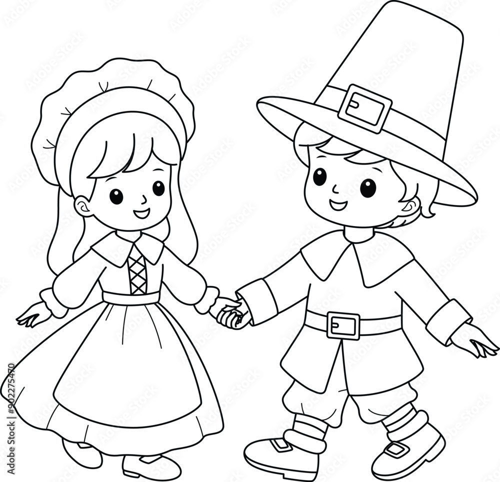 Pilgrim girl and boy holding hands outline coloring page. Thanksgiving ...