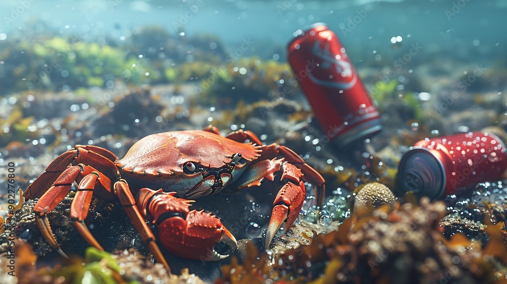 Eerie scene of a crab with claws made from broken glass and soda cans ...
