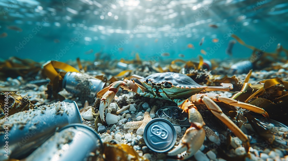 Eerie scene of a crab with claws made from broken glass and soda cans ...