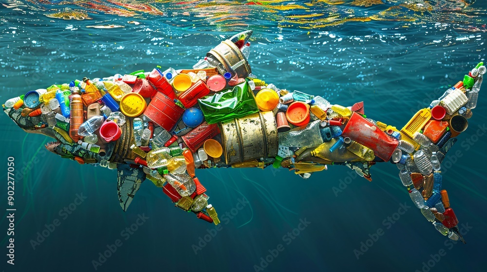 Detailed image of a shark composed of chemical barrels and plastic ...