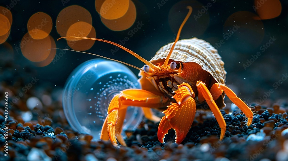 Surrealistic image of a hermit crab using a plastic bottle cap as its ...