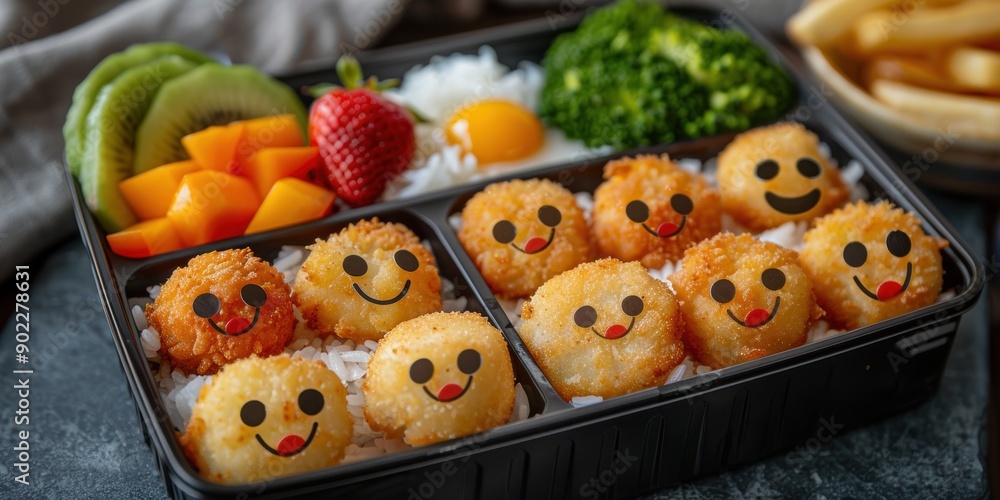 A fun and colorful bento packed with compartment-sized portions of ...