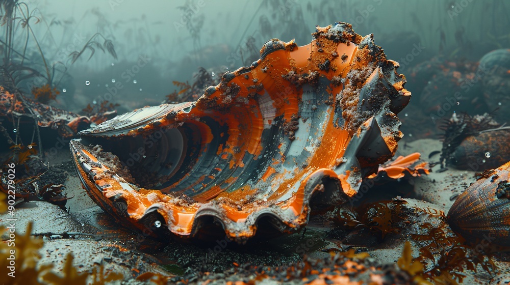 Surreal illustration of a clam with a shell formed from metal scraps ...