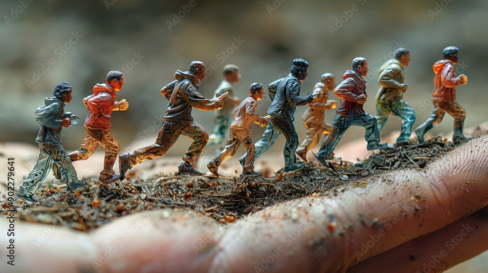 A hand holding a group of small figurines that are running. The ...