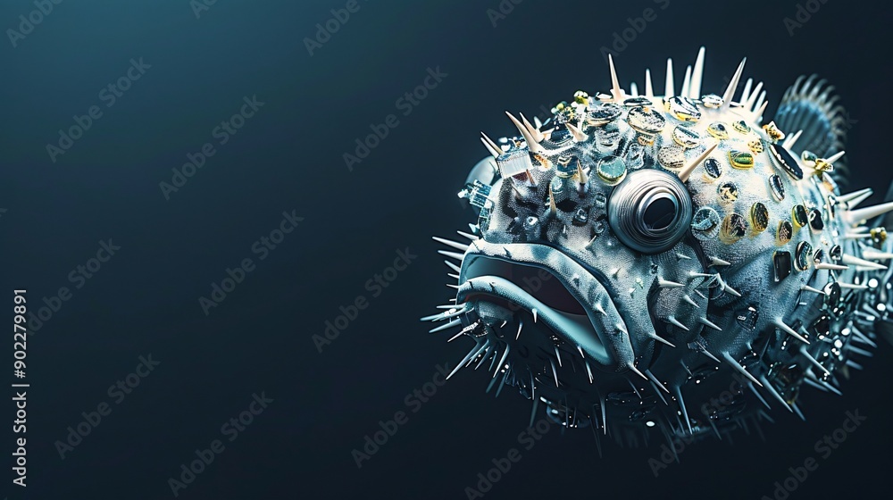 Surrealistic image of a pufferfish with spines made from broken glass ...