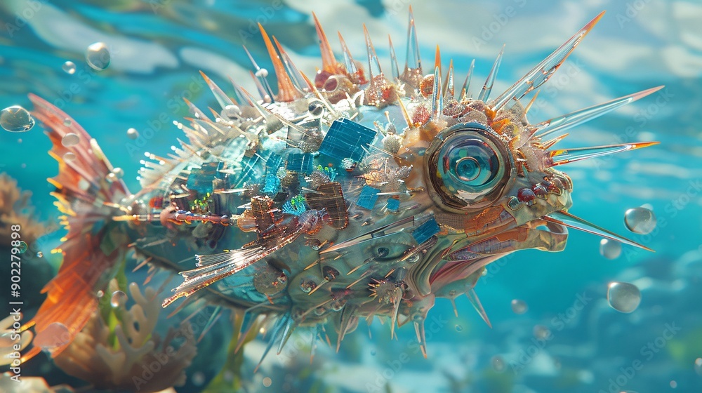 Surrealistic image of a pufferfish with spines made from broken glass ...