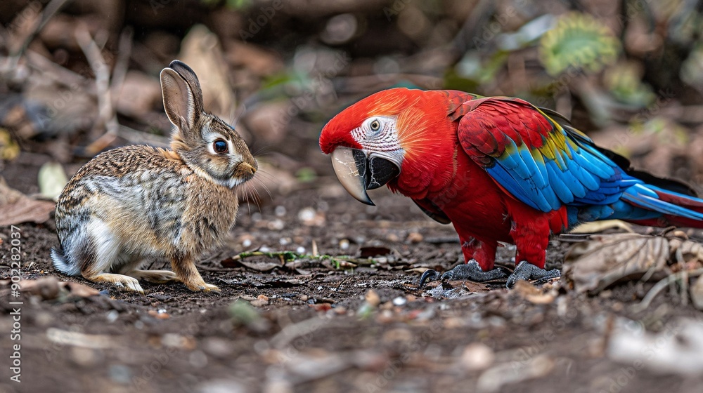High-resolution shot of a parrot and a rabbit sharing a perch in a ...