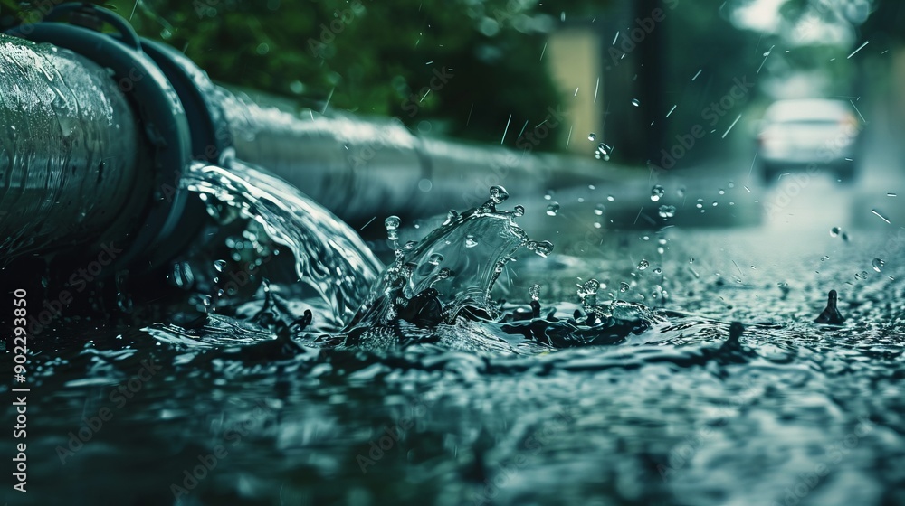 leaking and splashing water from the pipe during rain Stock Photo ...