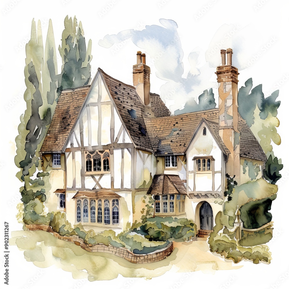 ภาพประกอบสต็อก Watercolor painting of a Tudor-style manor house with a ...