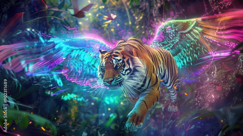 An imaginative scene of an Indian tiger with wings made of light ...