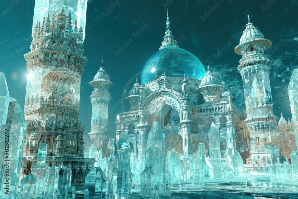 An ethereal image of an Indian palace made of crystal, with gleaming ...