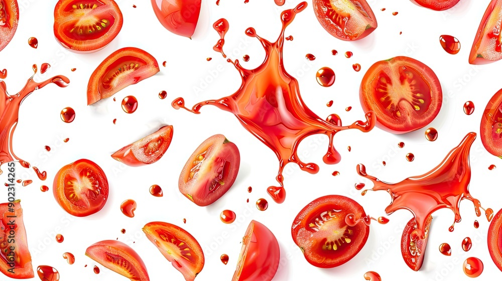 Flying red tomato ketchup splash, creating a seamless pattern on a ...