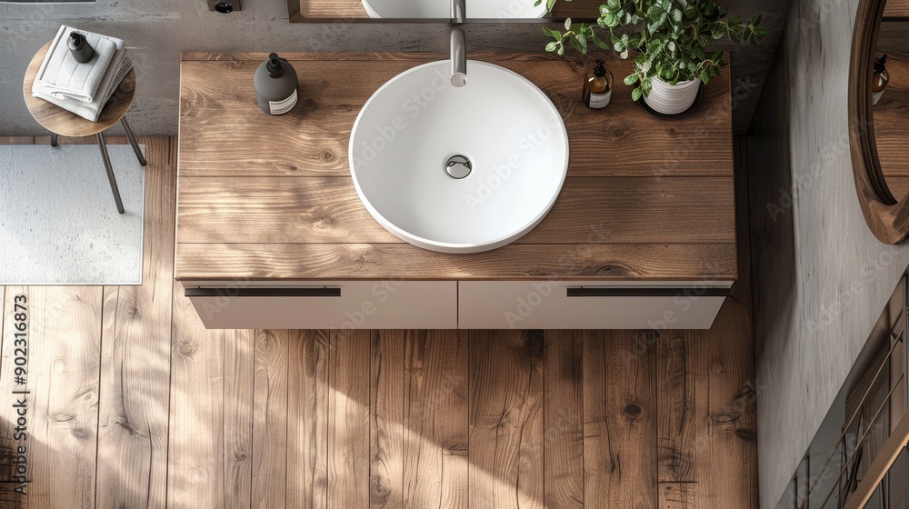 Overhead view of a modern bathroom vanity with a wooden countertop ...