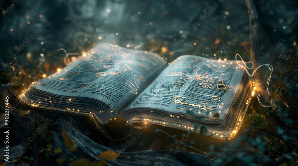 An ancient, mystical book with pages covered in cryptic symbols and ...
