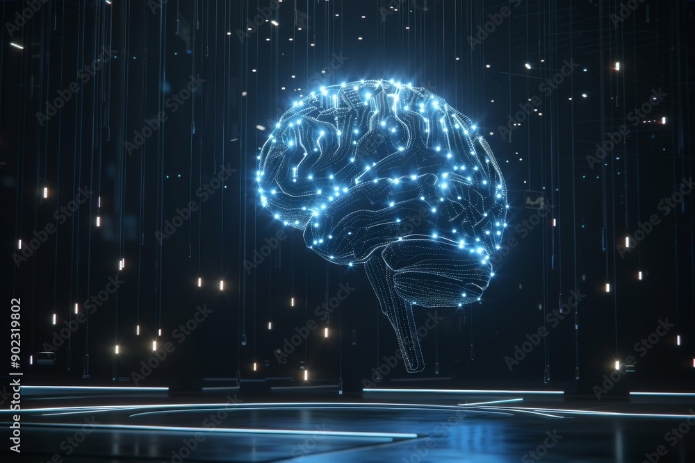 Neon brain hologram on a dark stage with floating lights symbolizing the intersection of human ...